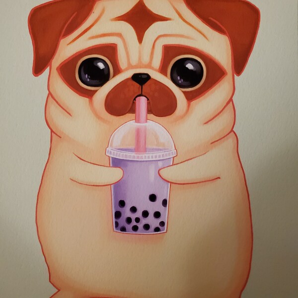 Pug Drinking Bubble Tea Art - 5x7 - Cute Pug Dog, Kawaii Boba Tea Art ...