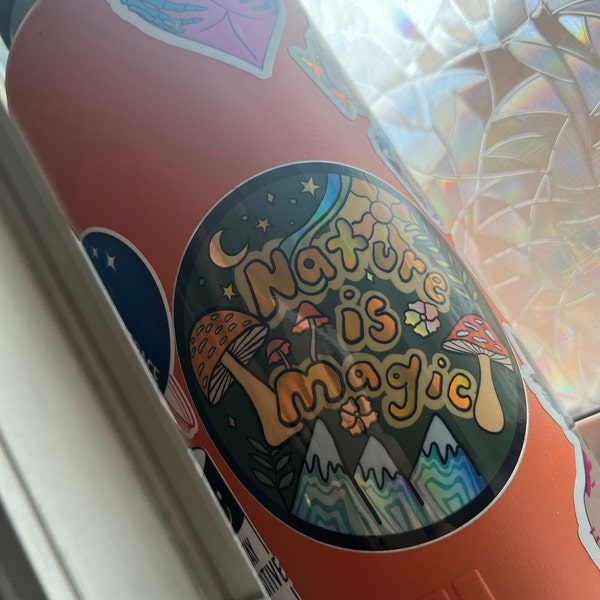 Nature is Magic Holographic Sticker – Trippy Mountains, Mushrooms, Sun ...