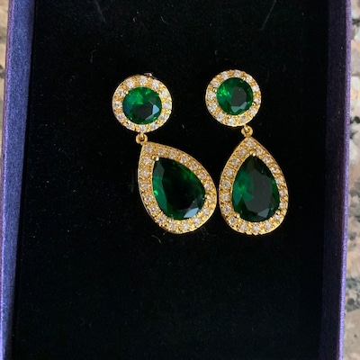 Green Crystal Gold Earrings Green Gold Cubic Zirconia Earrings Green ...