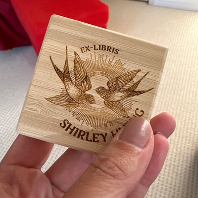 Custom Ex Libris Book Stamp, Two Swallow Birds & Sun Rays, Personalized ...