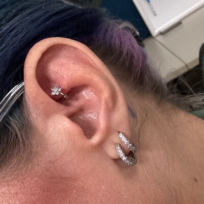 Tiny CZ Flower Huggie Hoop, 6mm Hoop, Tragus Hoop, Rook Hoop, Forward ...