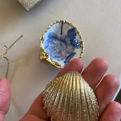 Single or Pair Golden Cockle Shell Mini Ring Dish in Chinoiserie Blue ...