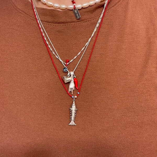 925 Sterling Silver Fish Necklace, Gold Fish Necklace, Red String ...