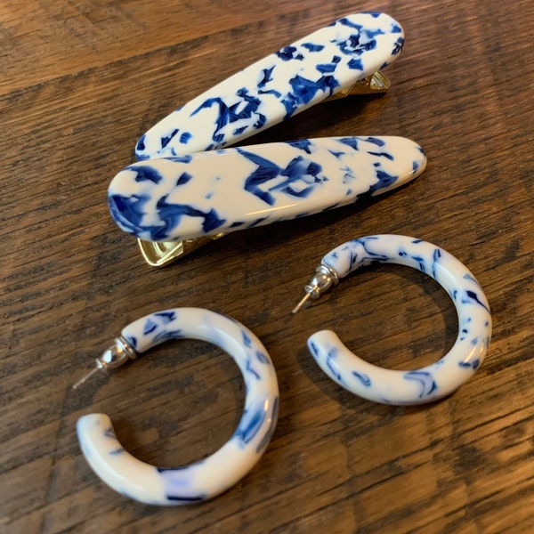 35mm Round Hoops in Porcelain Thick Chunky White and Blue Hoop Earrings Cellulose Acetate ...