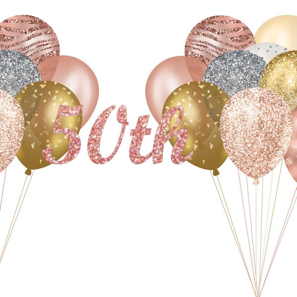 Glitter Balloons Clipart, Rose Gold and Silver Glitter Party Clipart in ...
