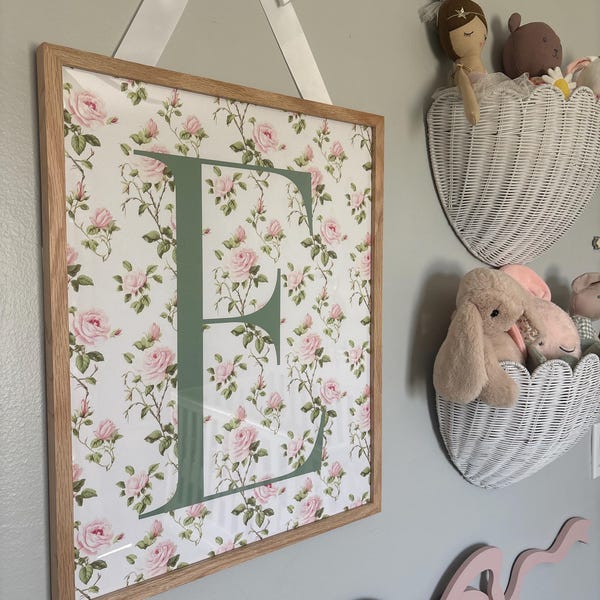 Custom Pink Roses Sage Green Initial Print Baby in Bloom Chinoiserie ...