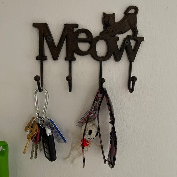 Cast Iron Cat Wall Hook Key Holder Leash Holder Meow Sign With 4 Hooks ...