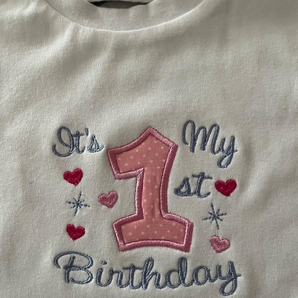 1st Birthday Applique Embroidery Design, Girl's First Birthday, Hearts ...