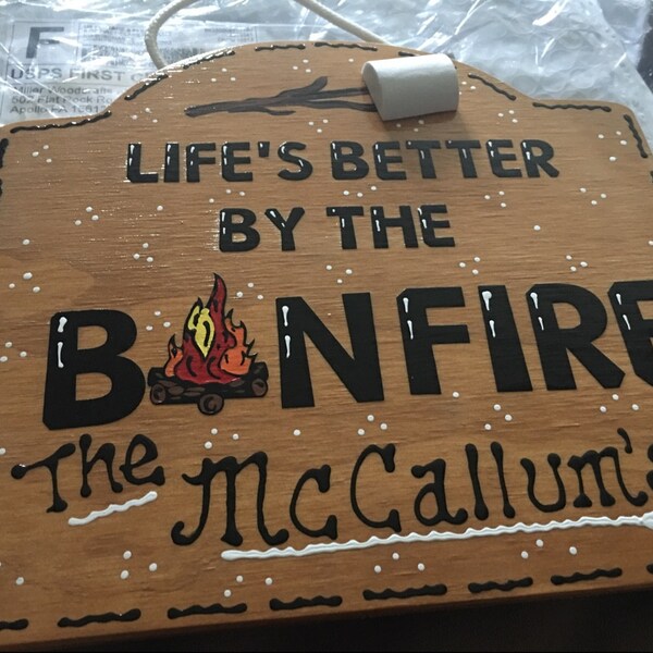 BONFIRE CAMP SIGN Personalize Hanger Hanging Plaque Camping Campsite ...