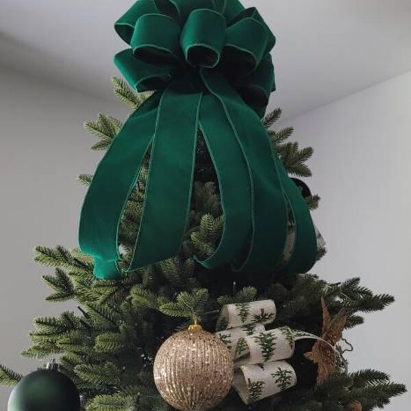 Emerald Green Velvet Christmas Tree Bow for Wreath, Green Velvet Lantern Bow Decoration, Emerald ...