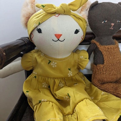 Cute Cat Doll, Kitty Doll With Yellow Sundress, Soft Doll Nature Linen ...
