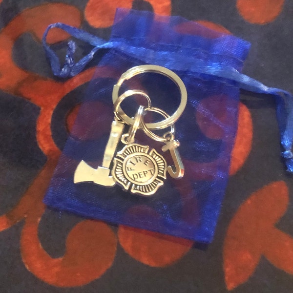Firefighter Keychain With Initial Charm and Axe Charm - New Fireman Key ...