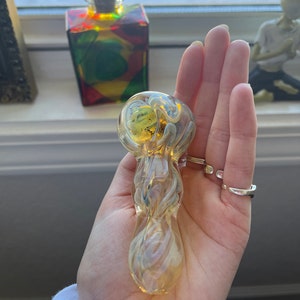Yellow and Blue Fumed Glass Pipe Handmade Unique Golden Heady ...