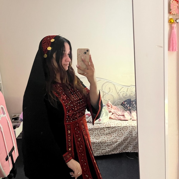Palestinian Tatreez Tarha Scarf Headpiece Embroidery Black and Red With ...