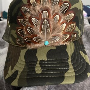 FEATHER Trucker Hat With Turquoise Stone, Western Fashion Black White ...