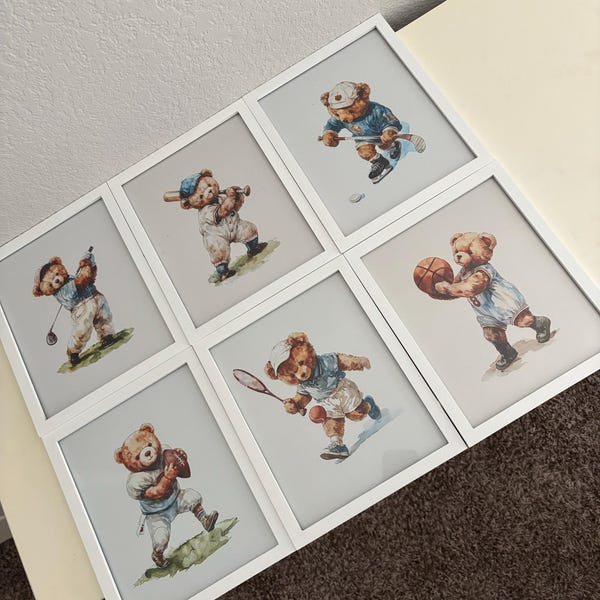 Set of 6 Vintage Teddy Bear Sports Wall Art, Babyshower Gift Boy ...