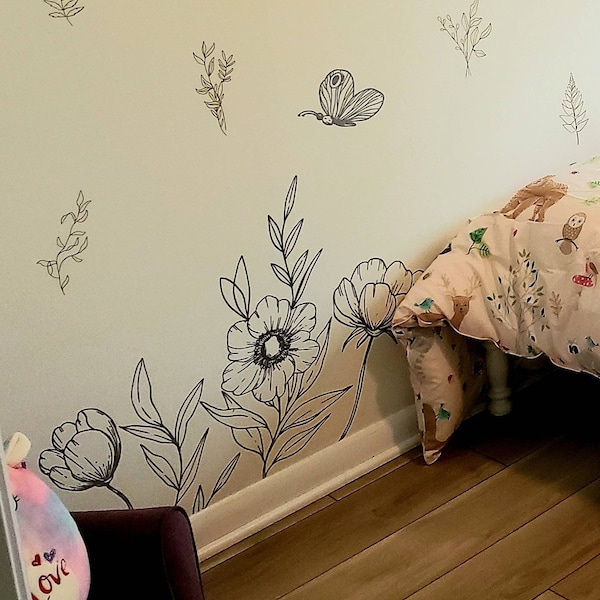Floral Corner, Floral Wall Decals, Floral Wall Art, Butterfly, Floral ...