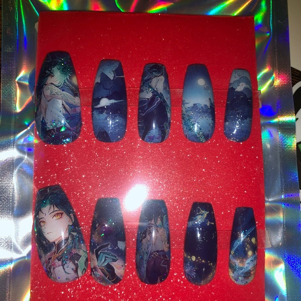 Xiao | Genshin Impact | Liyue | Sparkly Acrylic Press on Nails Set - Etsy