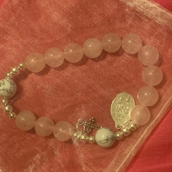 Rosary Bracelet - for Women - Rose Quartz - White Howlite - Stretch ...