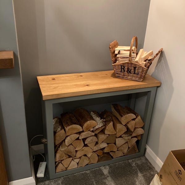 Tall Indoor Log Store | Rustic Oak Side Table, Firewood Storage - Etsy UK