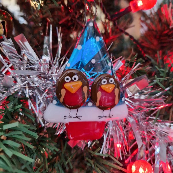 Christmas Tree Fused Glass Decoration With 2 Robins - Etsy UK