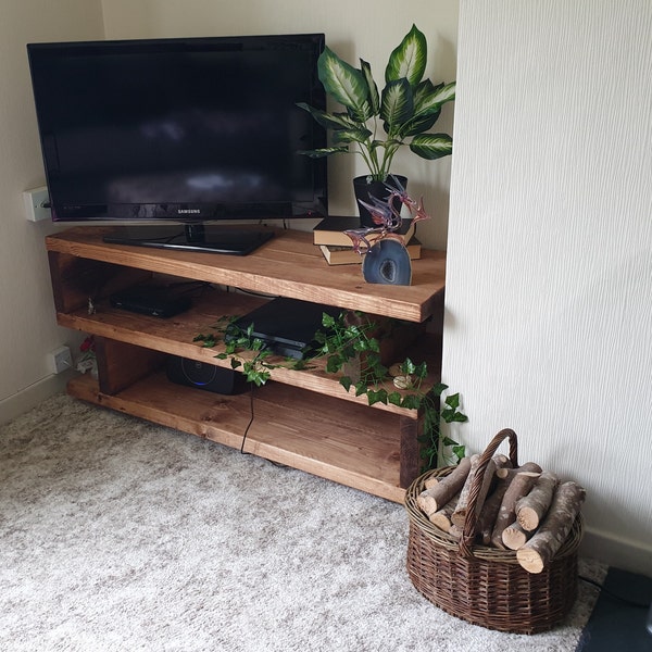 Reclaimed TV Stand Solid Wood Console Media Chunky Rustic Oak Wooden ...