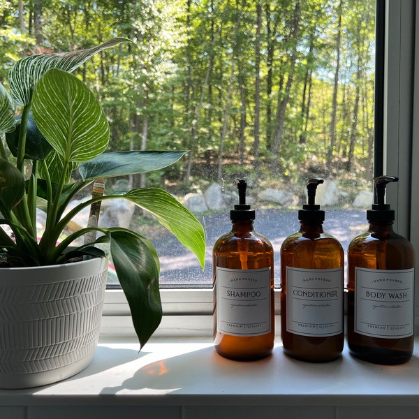 Set of 2 - 16oz AMBER Glass Bottles, Dish Soap + Hand Soap, APOTHECARY ...