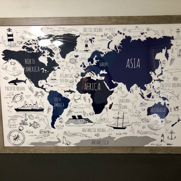 Navy Blue Map for Kids, Nautical Nursery Art, Printable World Map, Boys ...