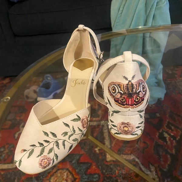 Ivory Bridal Sandals With Moth Embroidery, Handmade Floral Butterfly ...