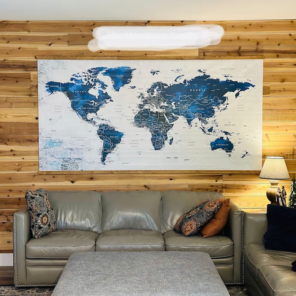 Hanging World Map Canvas, Rustic Frame Home Decor, Earth Colors World ...