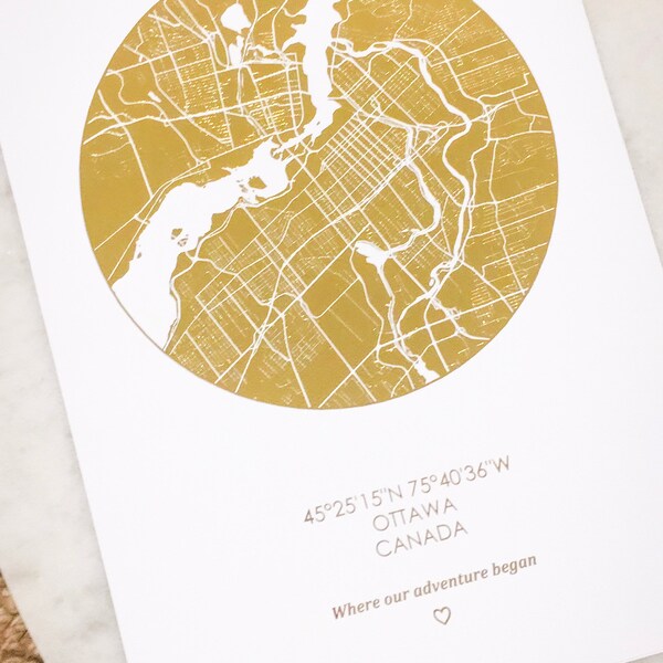 A4 Custom Foil Round Map Print, Any Location Personalised Copper, Gold ...