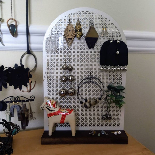 Large Boho Rattan Arch Earring Holder Stand With Wooden Base | Jewelry ...