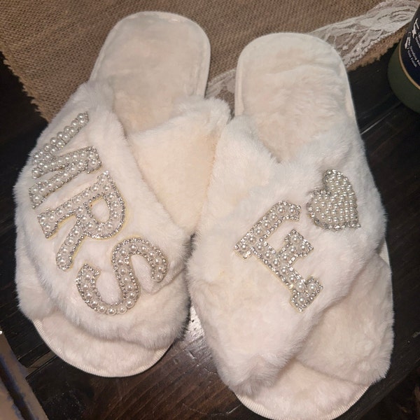 Bride Fluffy Slippers, Custom Slippers, Fluffy Slippers With Rose Gold ...
