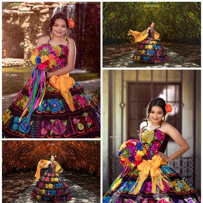 Colorful Chiapas Style Dress. Custom-made Hand Embroidered Cultural 2 Piece Outfit. Quinceañera ...