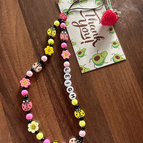 Personalised Beaded Phone Charm Mobile Strap Any Name or Text Any ...
