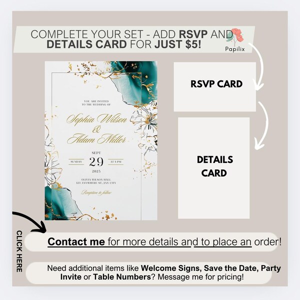 Elegant Dark Green and Gold Wedding Invitation Set, Floral Ivory Rose ...