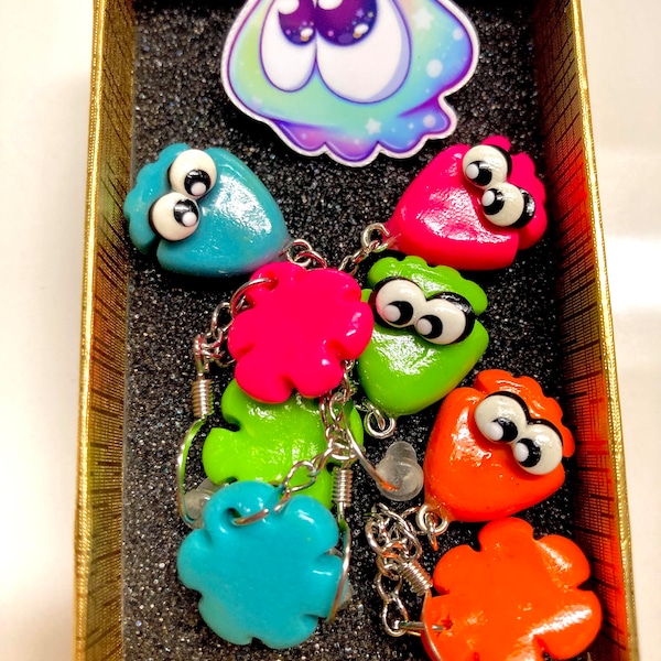 Splatoon Squid & Splat Earrings - Dark Blue, Blue, Cyan, Purple, Pink ...
