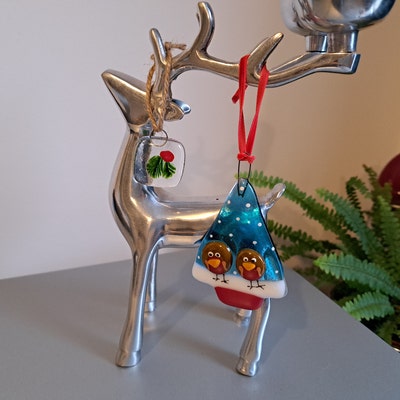 Christmas Tree Fused Glass Decoration With 2 Robins - Etsy UK