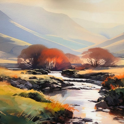 Abstract Lake District Watercolour Print, Lake District Landscape ...