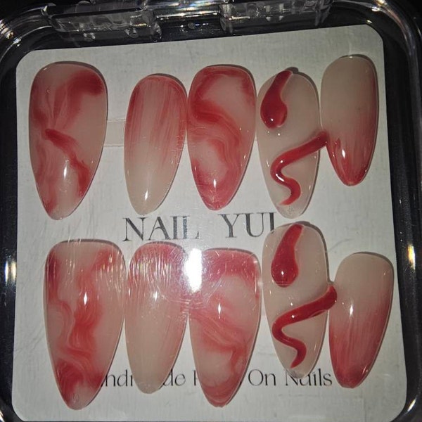 Handmade Red Snake Red Marble Ombre Halloween Press on Nails Snake ...