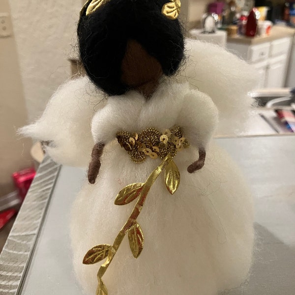 Needle Felt Angel Tree Topper With White and Golden Dress, Christmas ...
