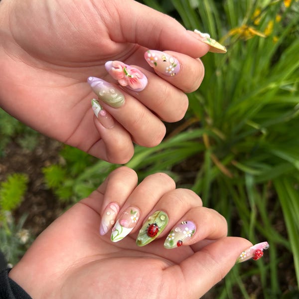 Press on Nails Ladybug With Bee | 3D Floral Fake Nails in Long Almond ...