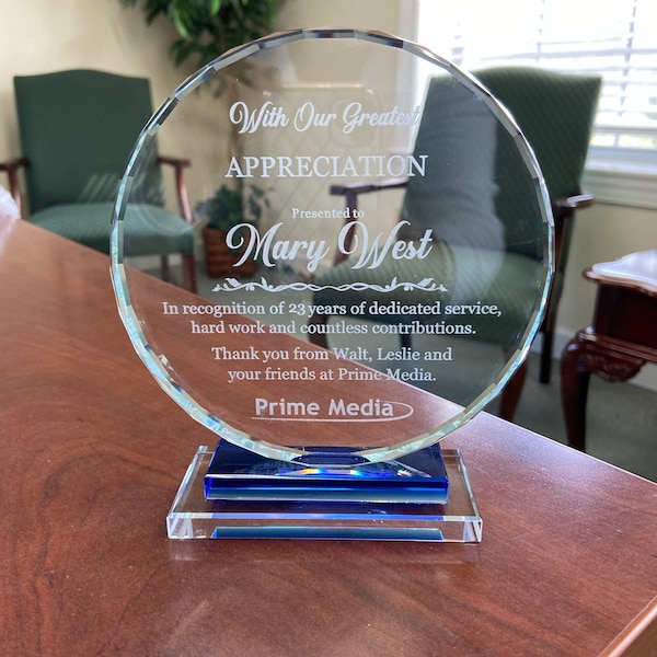 Personalized Crystal Appreciation Plaque, Crystal Employee Retirement ...
