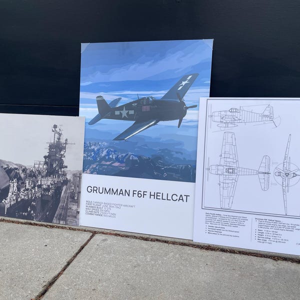Grumman F6F Hellcat 3 View Line Drawing Vector File, Black White ...