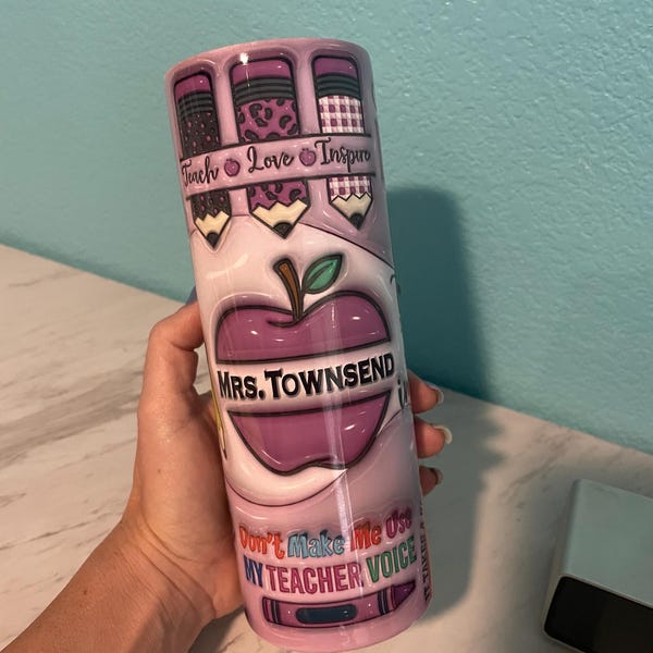 Personalized Purple Teacher 20oz Skinny Tumbler Png, 3D Inflated ...