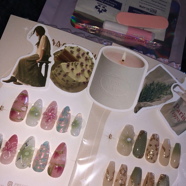 MIDORI | Gold Floral Nail Art Press on Nails | Jade Magnetic Nails | 3D ...