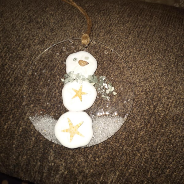 Coastal Christmas Ornament – Sand Dollar Snowman, Crushed Glass Resin ...