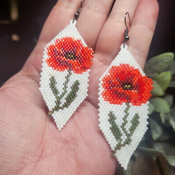 Beaded Poppy Brick Stitch Seed Bead Earrings - Miyuki Beading Pattern ...