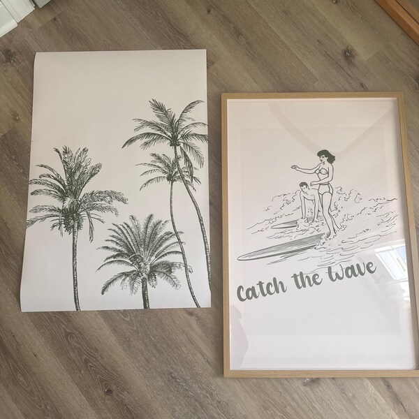 Green Retro Palm Tree Surfing Seashells Prints Set of 3, Vintage ...