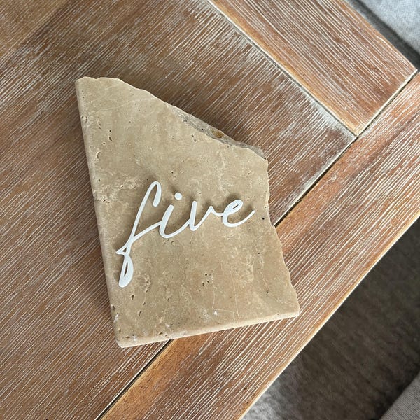 Table Numbers Wedding Travertine Stone White Acrylic Cursive Font ...